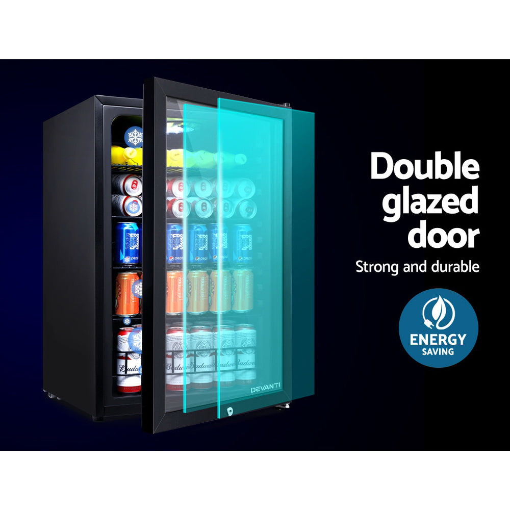 Devanti 130L Bar Fridge Glass Door w/Light Black