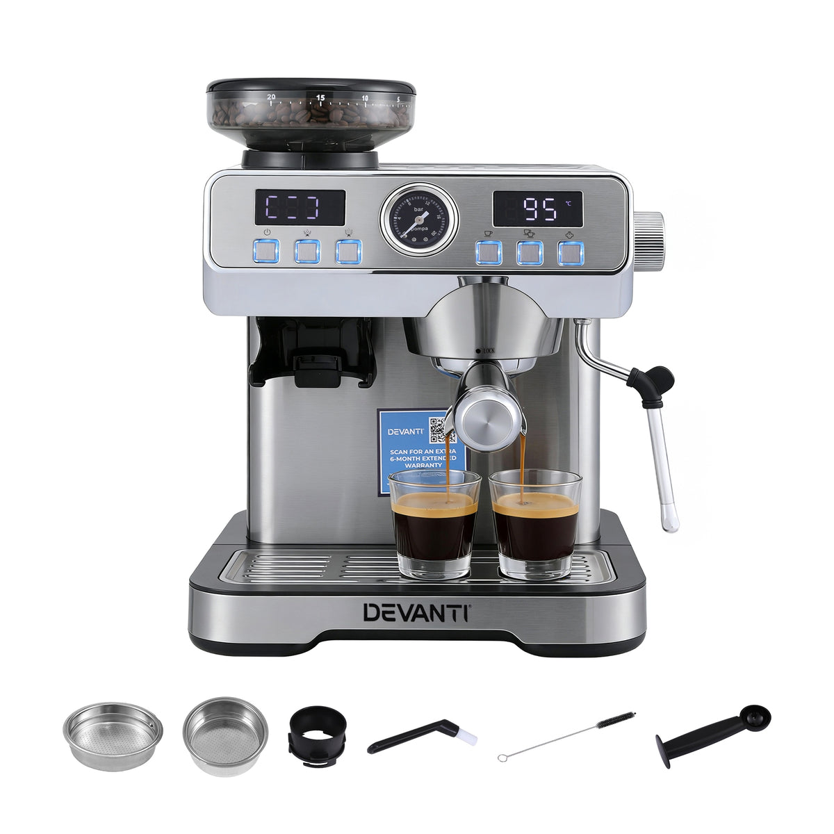 Devanti Coffee Machine Espresso Latte Maker with Grinder Milk Frother