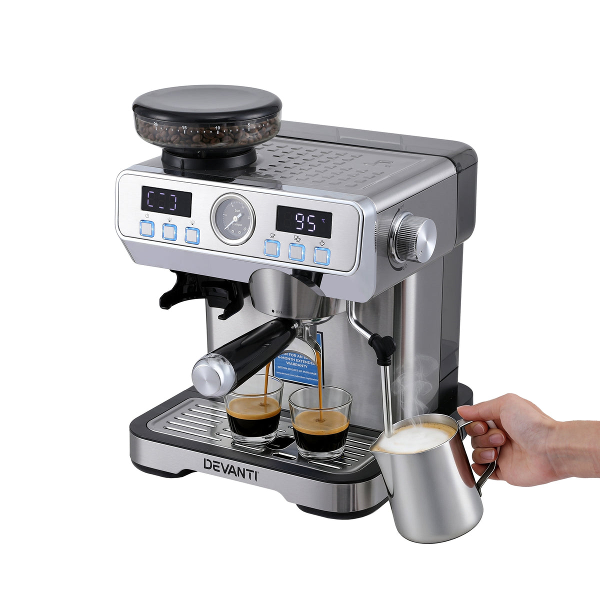 Devanti Coffee Machine Espresso Latte Maker with Grinder Milk Frother